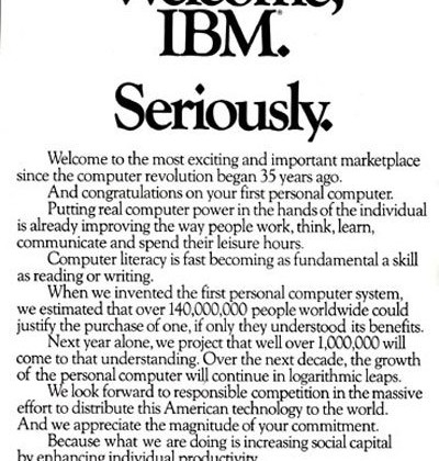 Apple Releases Full Page Welcome to IBM 30 Years Ago Yesterday - SlashGear