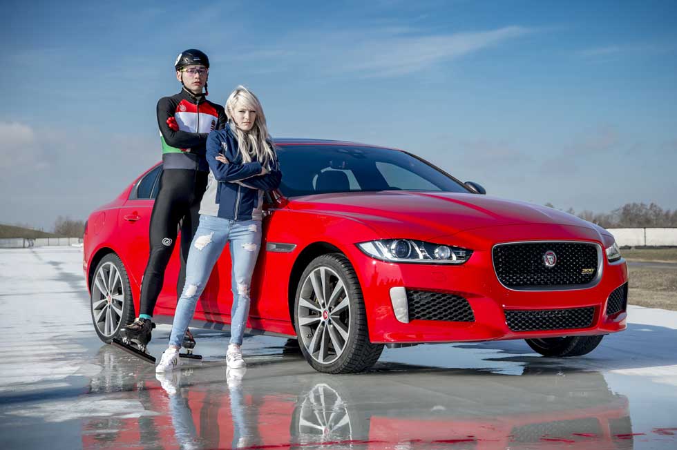 Jaguar XE 300 Sport Races Olympic Speed Skater On Ice